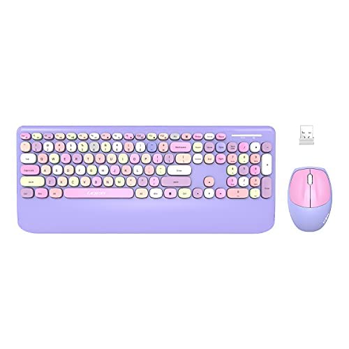 FOPETT Wireless Keyboard and Mouse Combo - 2.4GHz Full-Sized - Computer Keyboard with Phone Holder - Keyboard and Mouse Set for Windows/Laptop/PC/Notebook - Purple Colorful