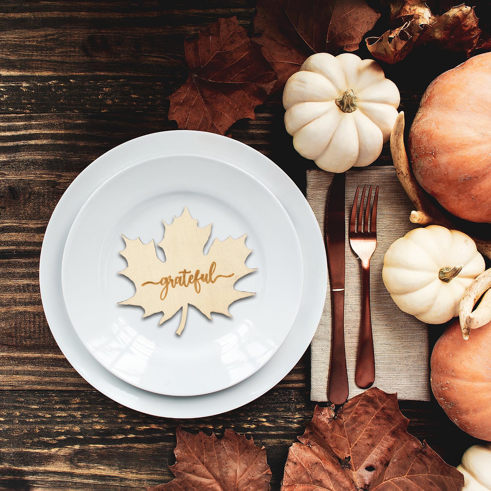 12PCS Thanksgiving Place Cards Maple Leaf Grateful Wood Sign, Fall Dining Table Plate Ornament Farmhouse Home Dinner Table Place Setting Decor