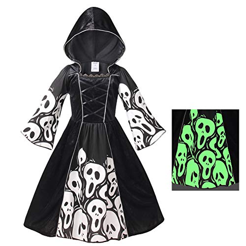 yolsun Skeleton Ghost Witch Costume for Girls, Glow in The Dark, Halloween Fearsome Costume(10-12 Years)