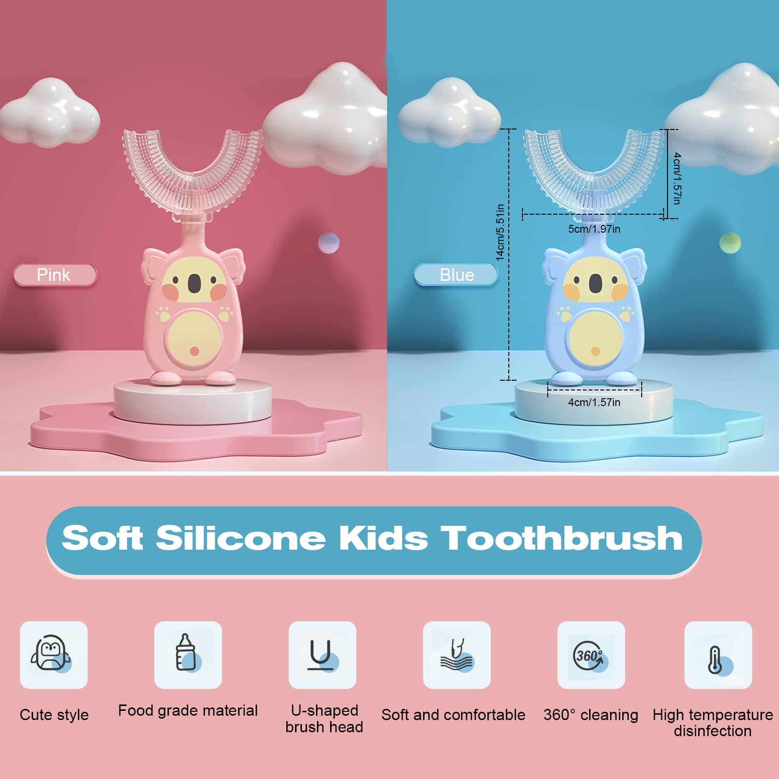 2PCS Kids U- Shaped Toothbrushes with 2PCS Replace Food Grade Soft Silicone Brush Head and Non-Slip Handle, 360° Oral Teeth Cleaning Design for Toddlers and Children 2-12 Years Tooth Brush(Style-3)