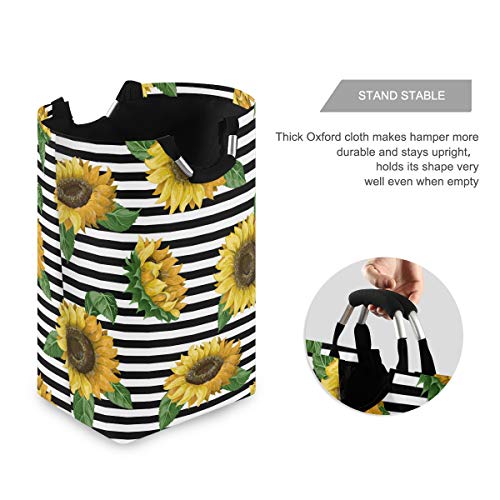 Aflyko Sunflower Black and White Stripes Laundry Basket Foldable Waterproof Laundry Hamper Large Storage Basket with Handles for Bathroom Washhouse Home Decor