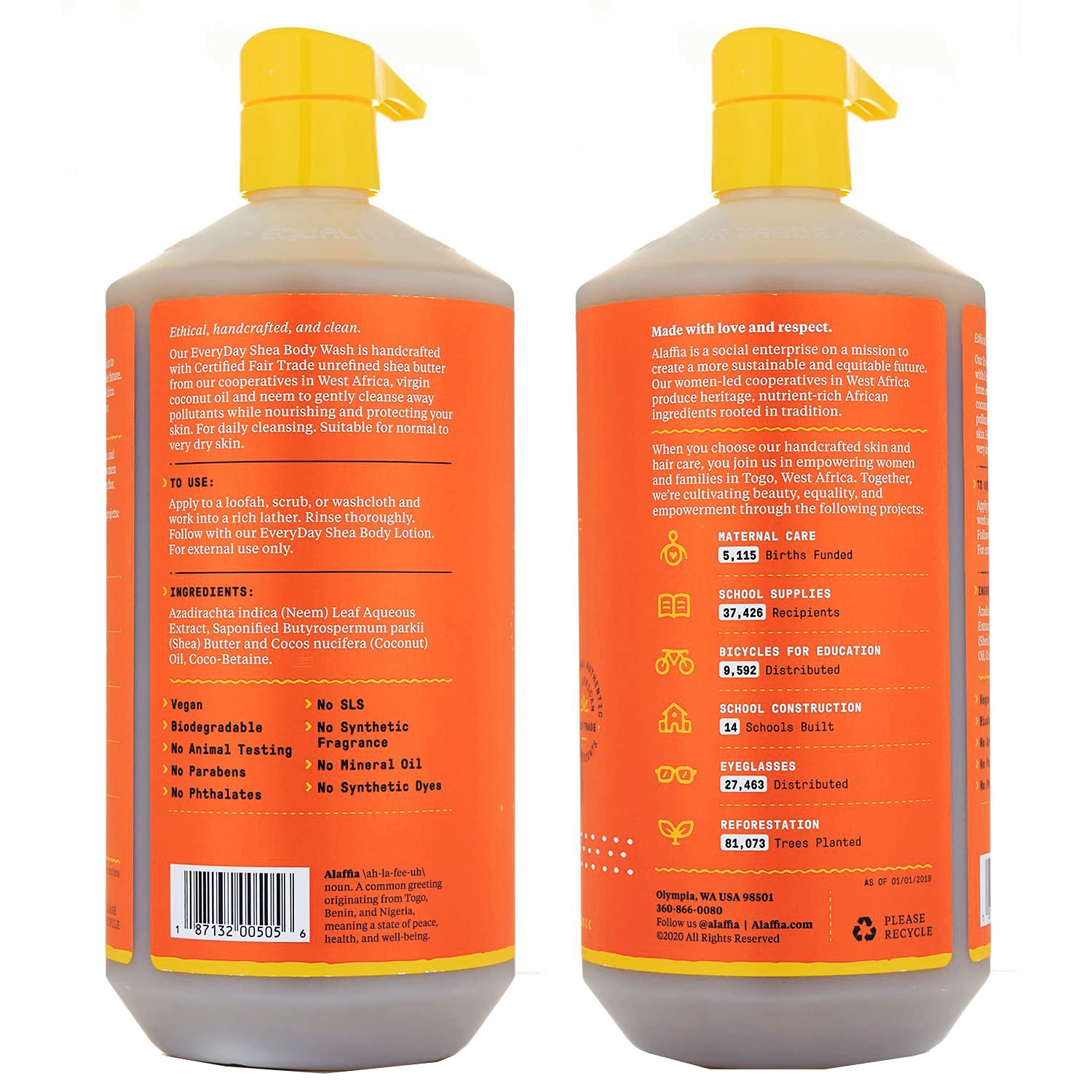 Alaffia Everyday Shea Body Wash, Naturally Helps Moisturize and Cleanse Without Stripping Natural Oils with Fair Trade Shea Butter, Neem, and Coconut Oil, Unscented, 2 Pack - 32 Fl Oz Ea