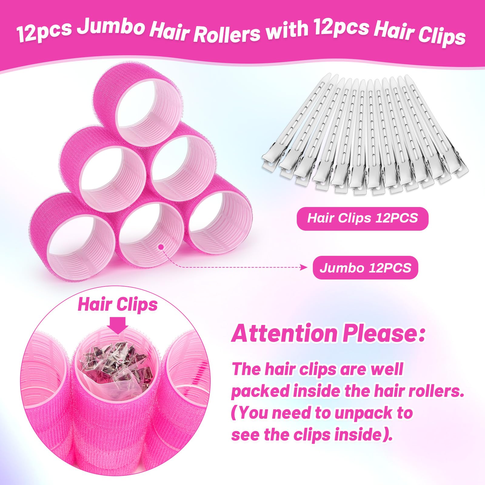 Jumbo Hair Curlers Self-Grip Rollers, 60mm Large Rollers with Clips for Long, Thick Straight Hair (Rose Red) - Hair Curlers Rollers