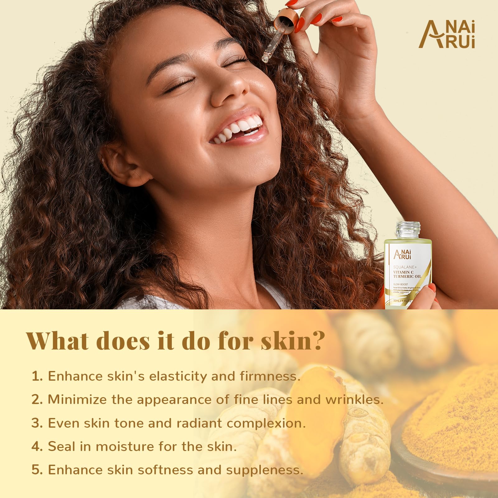 ANAI RUI Squalane Vitamin C Turmeric Facial Oil Moisturizer for Face, Hydrates, Firms Skin, 1fl.Oz.