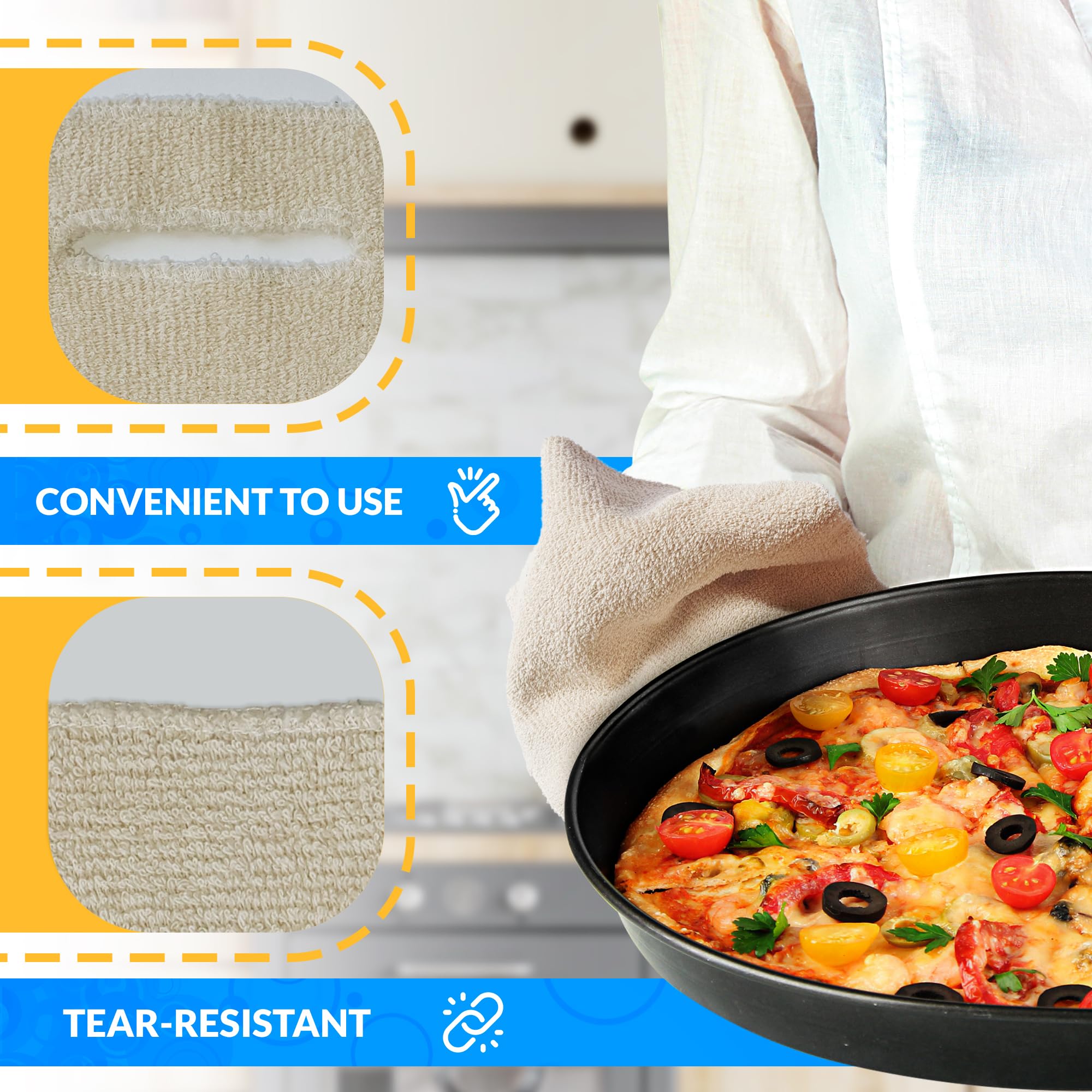 ABC Terry Cloth Pot Holders for Kitchen 9 x 12 Inch. Pack of 6 Natural Color Hot Pads for Kitchen. Washable Pot Holder with Hand Hole. Thick Cotton 460 F Heat Resistant Pot Holders