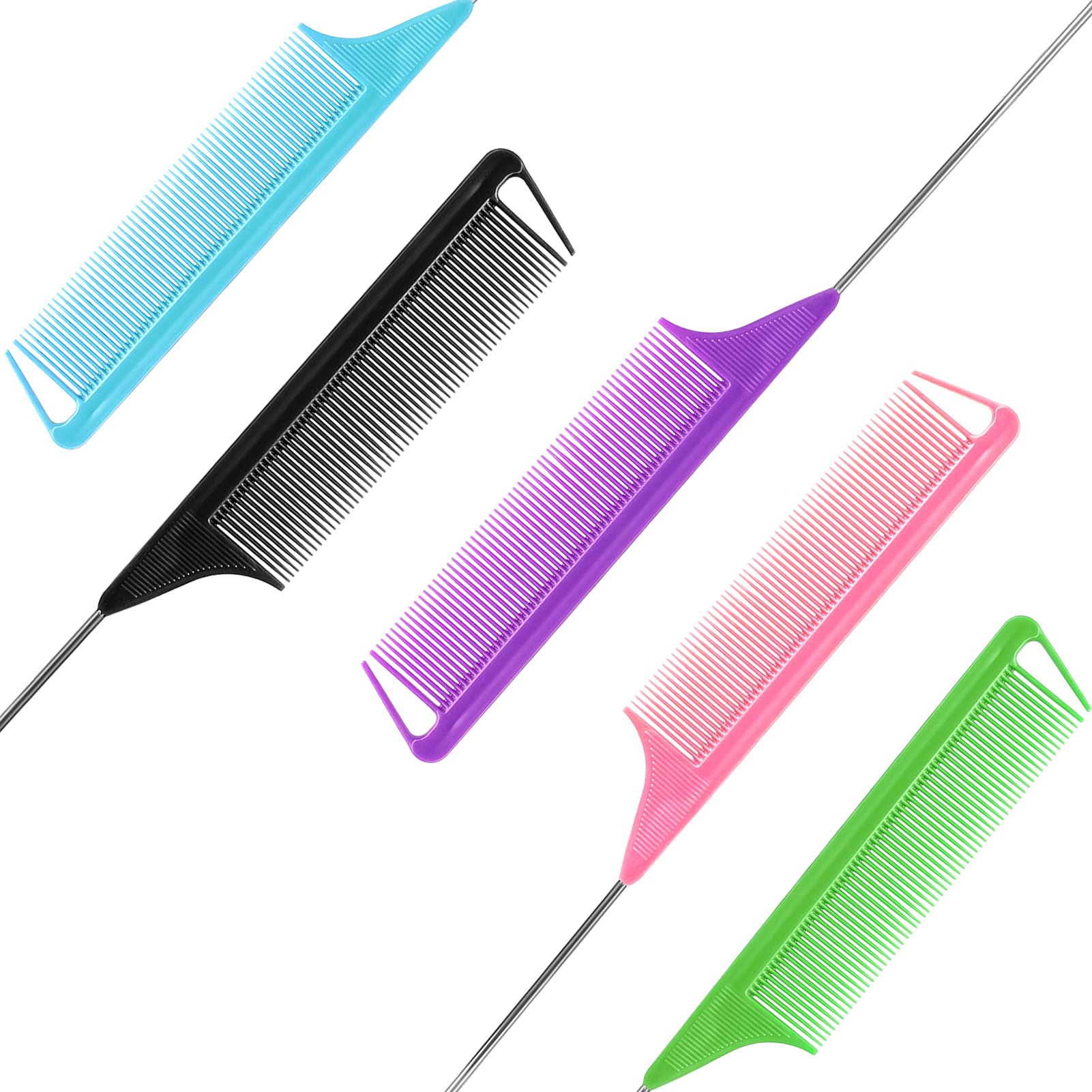 Professional Hair Styling Combs Set for Stylists: 5Pcs Metal Parting Combs for Braids and Teasing, Salon Quality, A Style