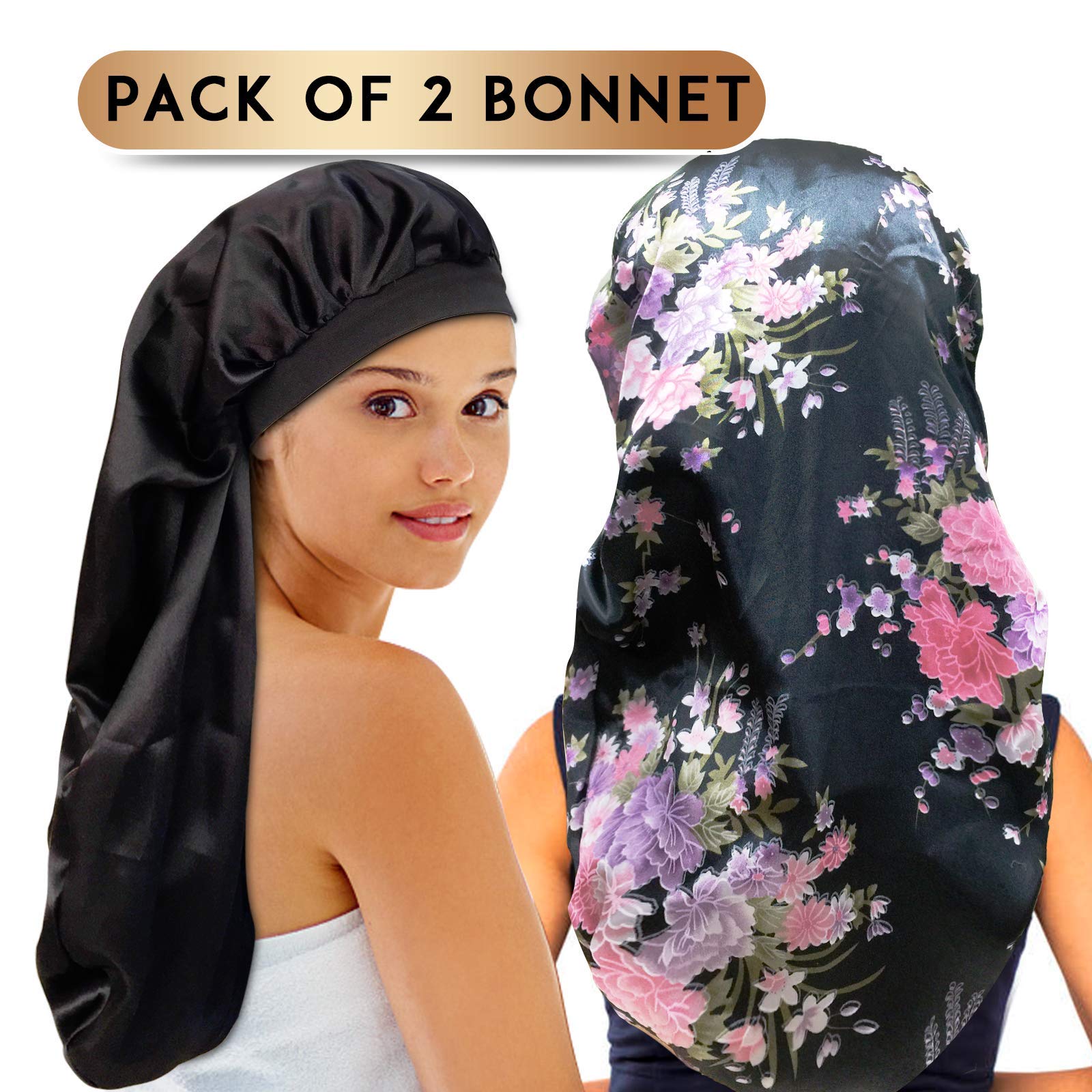 2Pcs Long Satin Bonnet Sleep Cap,Extra Large Braids Bonnets for Sleeping,Long Hair,Soft&Comfortable Elastic Band Bonnets for Women Night Sleep,Hair Bonnets for Women Satin (Black+Pink Pattern)
