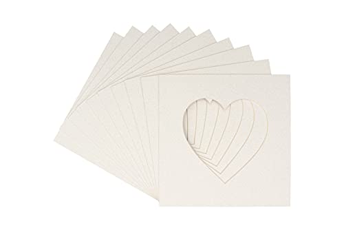 13x13 Mat Bevel Cut for 9x9 Photos - Precut Oyster Shell White Heart Shaped Photo Mat Board Opening - Acid Free Matte to Protect Your Pictures - Bevel Cut for Family Photos, Pack of 25 Matboards Show