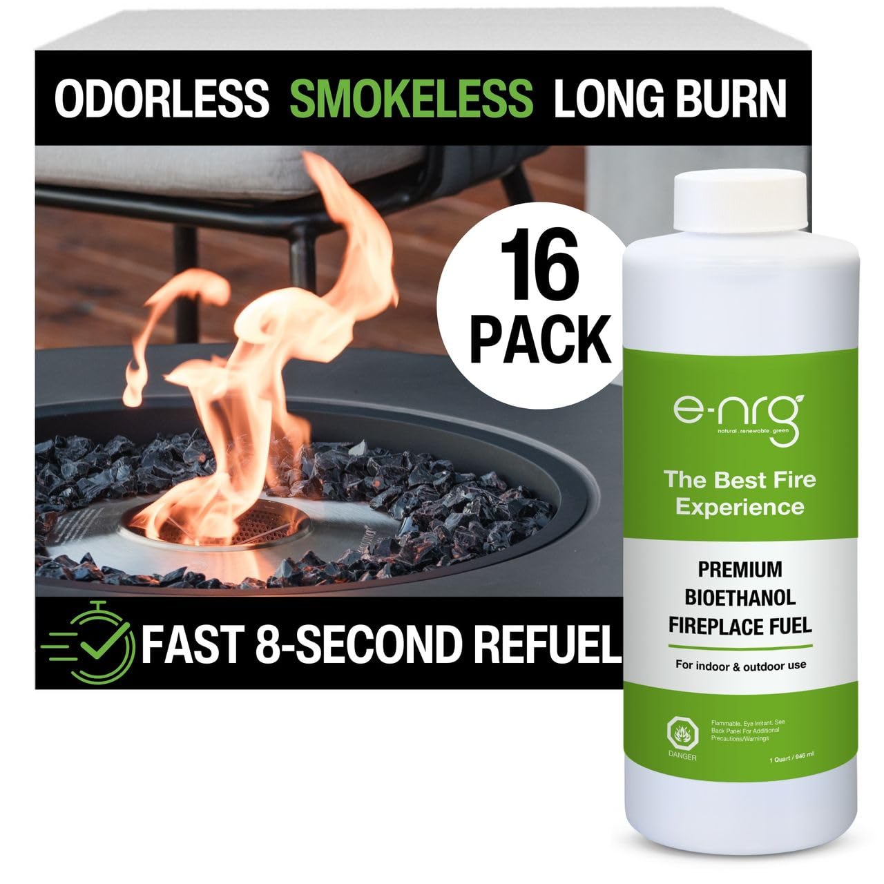 16 QUARTS Odorless, Smoke-Free Ethanol Fireplace Fuel | Best Flame, Fast Pour, Long Burn, Safety-Tested, Made in USA | Bio Ethanol Fuel For Fire Table Top Fire Pit Ethanol Fireplace | e-NRG Bioethanol