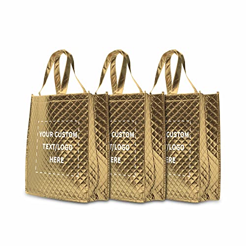 DISCOUNT PROMOS Custom Luxurious Laminated Tote Bags Set of 50, Personalized Bulk Pack - Reusable, Great for Shopping, Beach, Wedding Favors - Gold