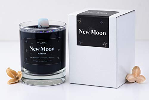 My Lumina New Moon Aromatherapy Candle w/Moonstone Crystal Inside -Natural Stone Healing Energy, Stress Relief, Relaxing & Balance- Soy Wax Scented Candle Home - Gift for New Beginnings - Night Black