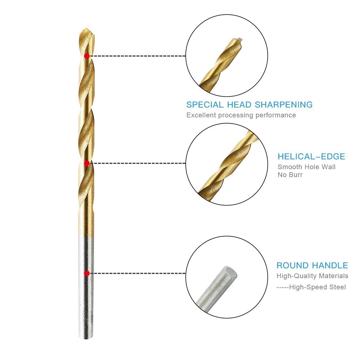 50PCS, 1/16", 5/64", 3/32", 7/64", 1/8", 10pcs for Each,Titanium Twist Drill Bits