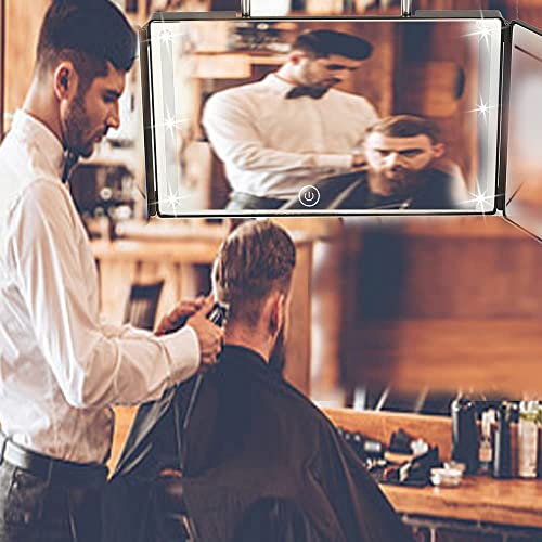 angilifan 3 Way Mirror for Hair Cutting, 360° Illuminated Trifold Makeup Mirror for Self Hair Styling, Adjustable DIY Haircutting Tool to Trim or Shave (with led)
