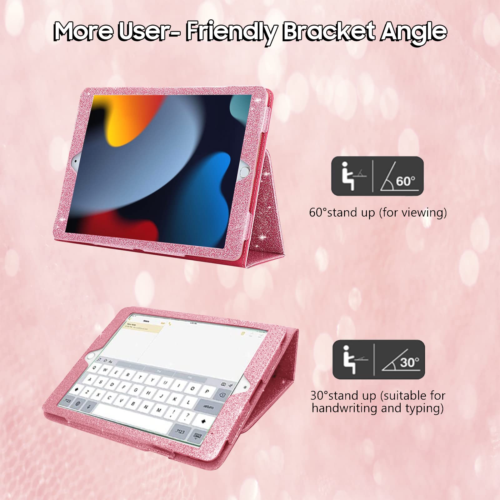 CLARKCAS Case for iPad 9th Generation Case 2021/iPad 8th Gen 2020/iPad 7th Gen 2019 Glitter Leather Girls Protective Cover with Pencil Holder Stand for iPad 9/8/7 Gen 10.2 inch 2021/2020/2019 Pink