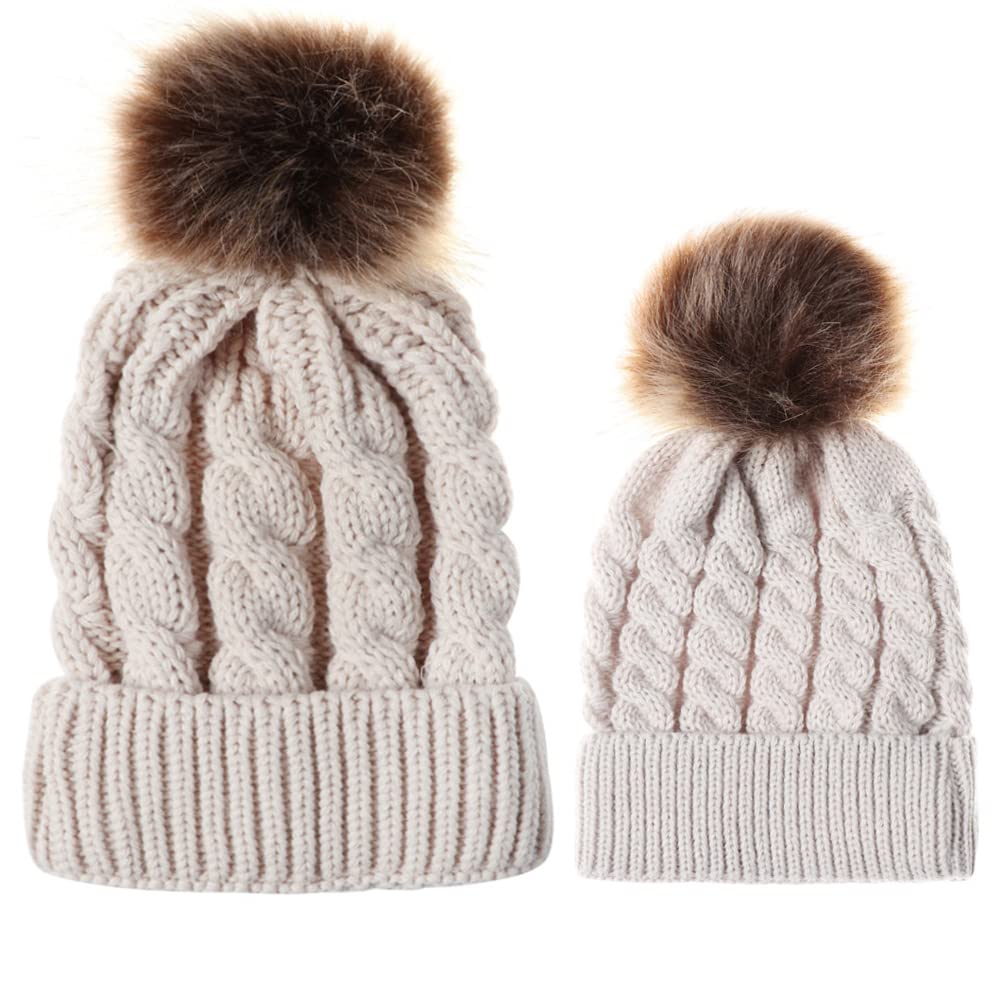 2PCS Parent-Child Hat,Mother & Daughter/Son Winter Warm Knit Hat Family Crochet Beanie Ski Cap(Ivory)