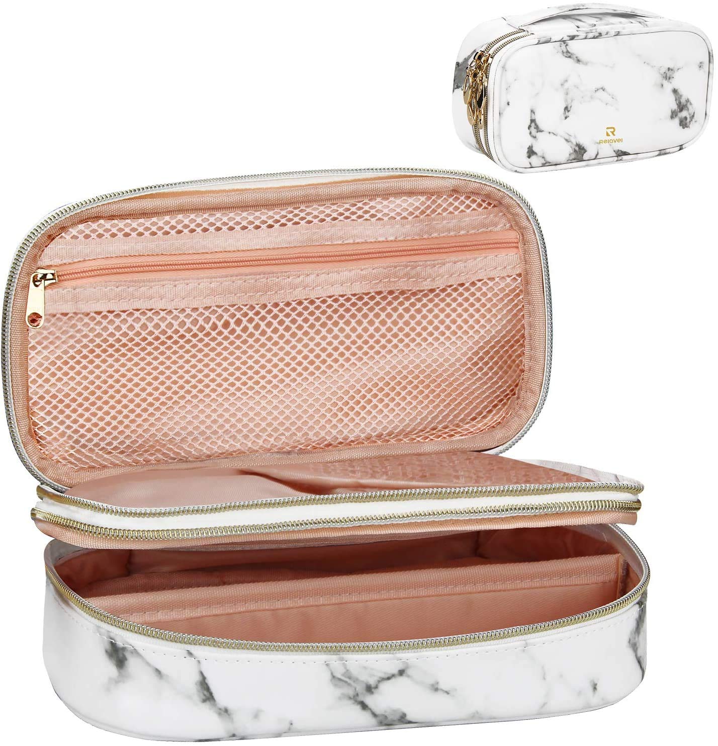 Relavel Makeup Case 2-Layer Cosmetic Brush Bag Marble Storage Travel Bag for Professional Makeup Brushes Storage Box (Marble White Pattern)