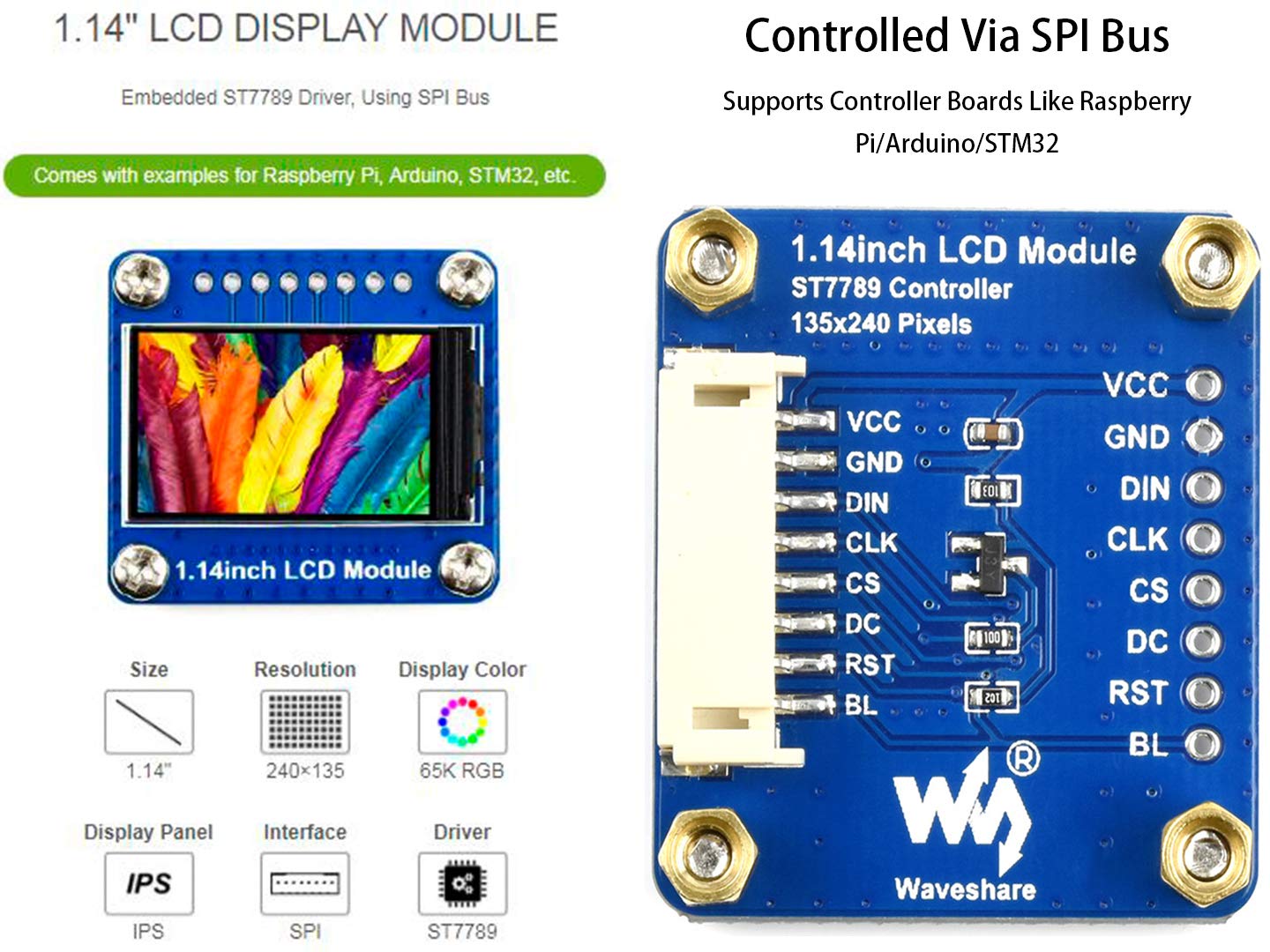 Bicool 1.14inch LCD Display Module IPS Screen, 65K RGB Colors, 240×135 Resolution, Embedded ST7789 Driver, SPI Interface Compatible with Arduino/Raspberry Pi /STM32