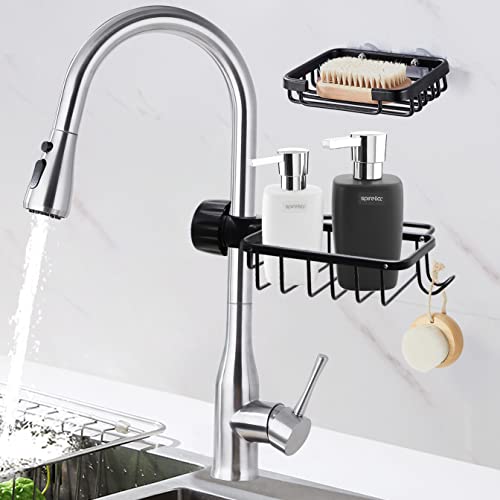 2 in 1 Faucet Sponge Holder,Kitchen Sink Detachable Hanging Organizer and Shower Organizer and Wall Mounted Soap Dish Holder for Kitchen Bathroom with Hook and Bar