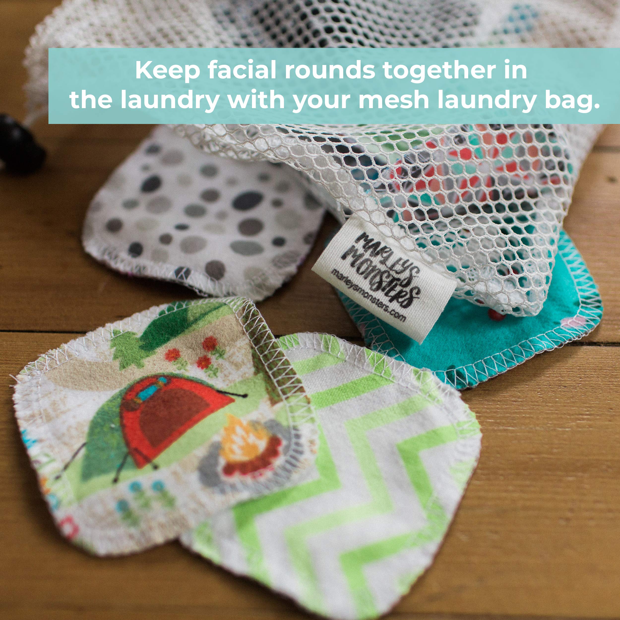 Marley's Monsters Facial Rounds 20 Count Pack + Laundry Bag - Soft and Reusable Cotton Rounds (Surprise Prints)