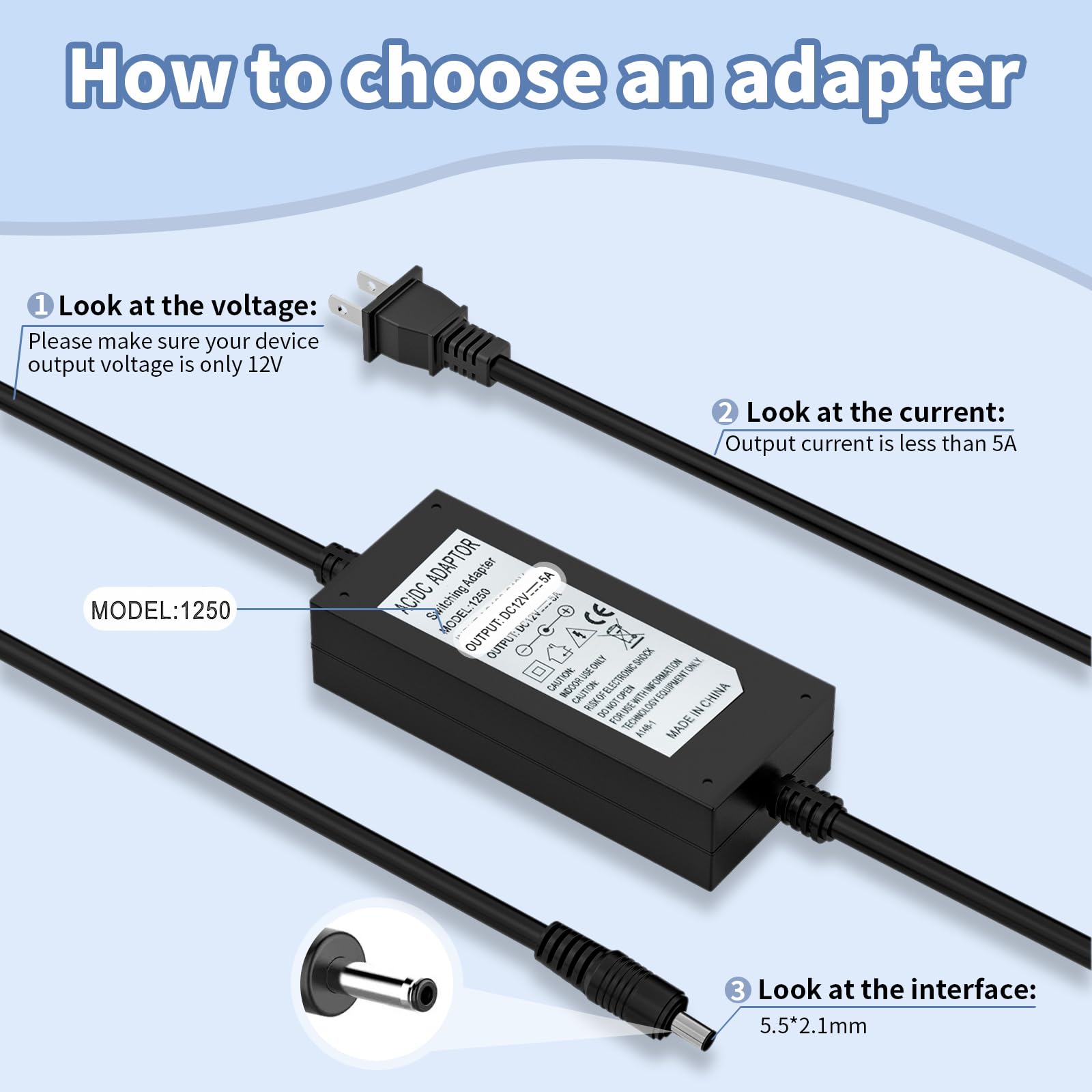 12V 5A Power Supply, Waysse Power Supply Adapter, AC DC Converter 100-220V to 12 Volt 5 Amp Transformer 5.5x2.1mm Plug for LED Strip Light DVR NVR Security Cameras System CCTV Accessories