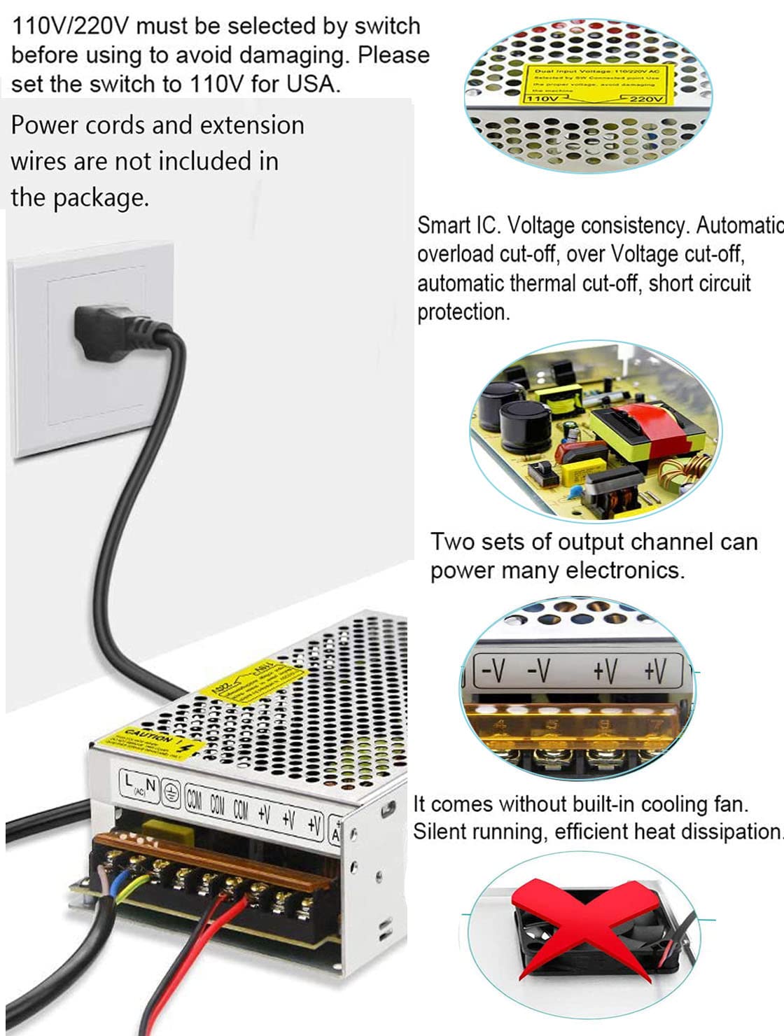 12V 15A 180W Power Supply Transformer Regulated Switch Power Adapter AC 110V 220V to DC 12 Volt 15amp 10A 9A 8A 7A 6A 5A 1A Converter LED Driver 2 Output Ports for LED Light 3D Printer CCTV Camera…