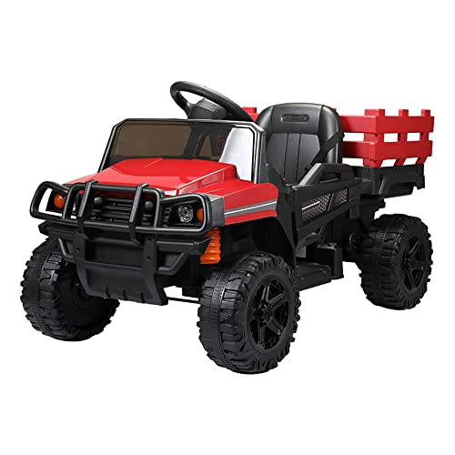TOBBI 12V Kids Ride on Truck with Remote Control Battery Powered Toy Tractor with Trailer in Red