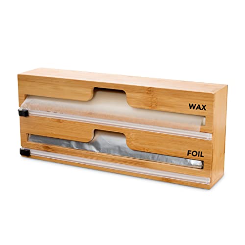 2 in 1 Wrap Dispenser with Cutter and Labels, Plastic Wrap, Aluminum Foil and Wax Paper Dispenser for Kitchen Drawer, Bamboo Roll Organizer Holder, Compatible with 12" Roll