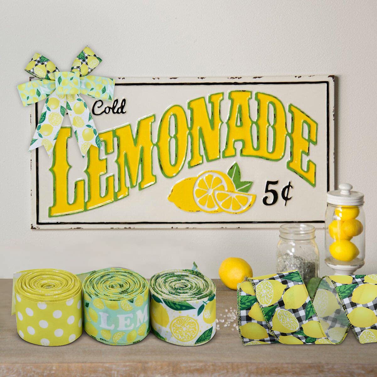 32 Yard Lemon Wired Edge Ribbon 4 Rolls 2.5 Inch Summer Burlap Ribbon Lemon Gingham Check Ribbon Decor for DIY Crafts, Gift Wrapping, Wreaths, Hair Bows, Home Decor