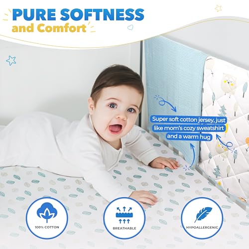 Crib Bedding Sets for Boys 5 Pieces Includes Baby Crib Sheets x2, Cotton Quilt, Baby Blanket & Bonus Wall Decal Set