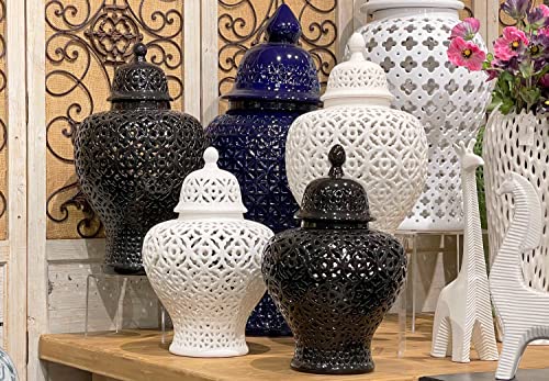 Galt International 19.5” Lattice Ginger Jar with Lid - Home Decor with Intricate Mediterranean Inspired Lattice Work - Living Room and Kitchen Decoration - 19.5” (White)
