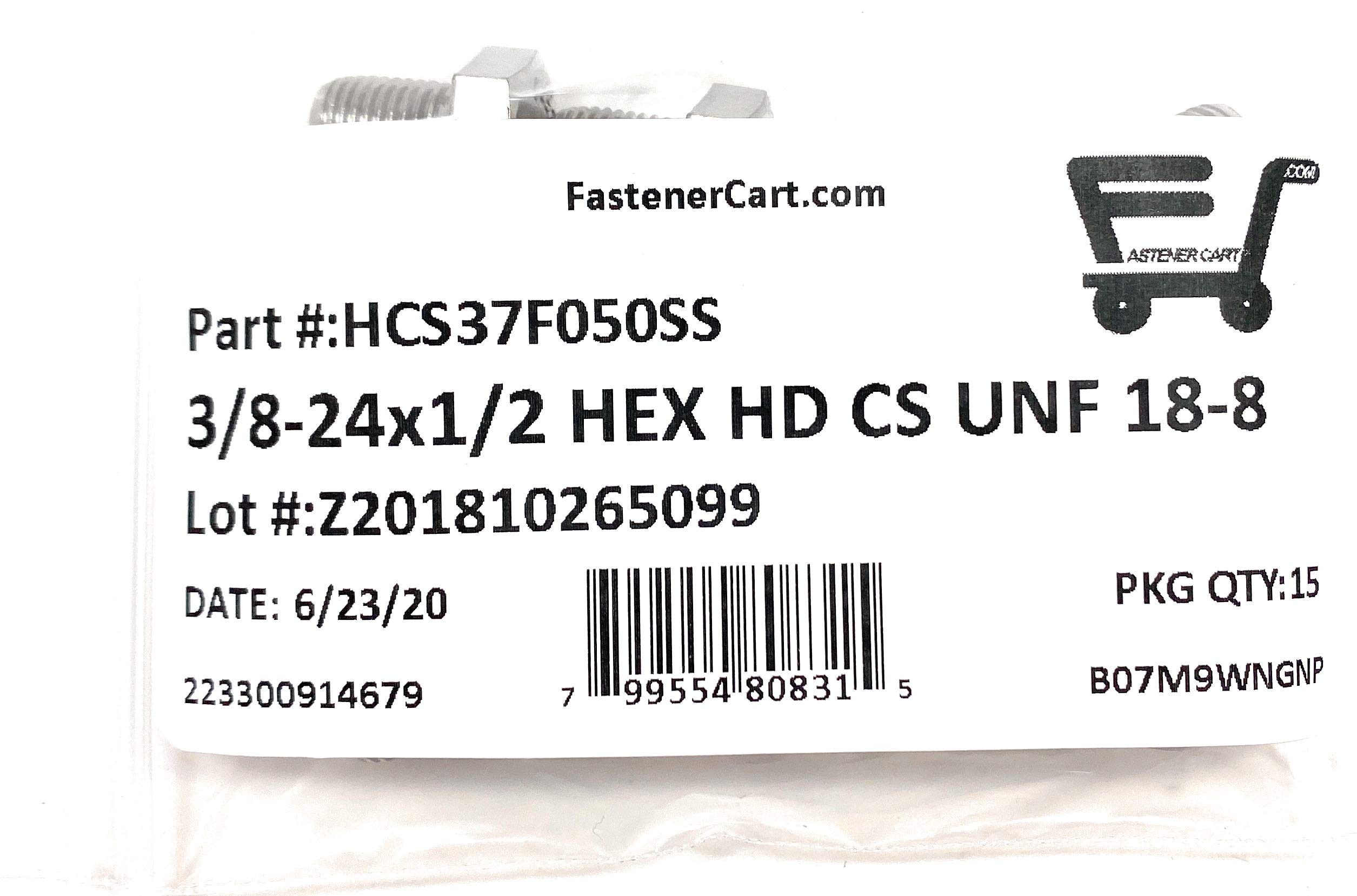 3/8-24x1/2 Stainless Steel Hex Cap Screws FT Hex Bolts 18-8 (UNF) FINE Thread (15 Pieces)