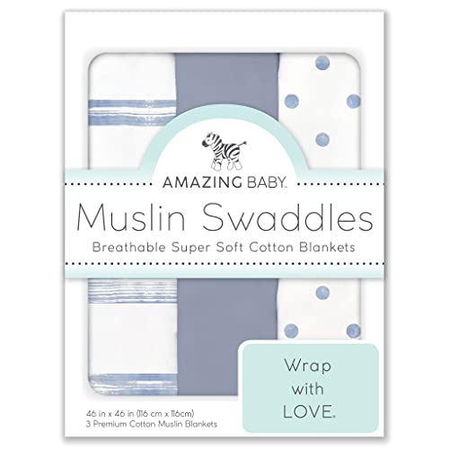 Amazing Baby Cotton Muslin Swaddle Blankets, Set of 3, Watercolor Brushstrokes, Denim, X-Large