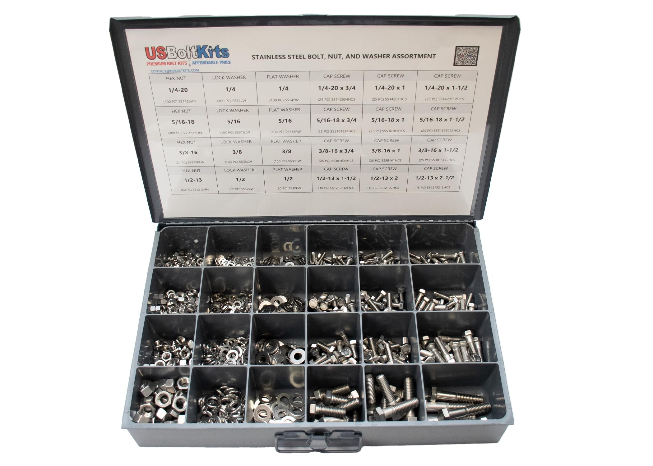 1250 Piece Stainless Steel Hex Head Cap Screw (Bolt), Nut, and Washer Assortment 18-8 Coarse Thread Set