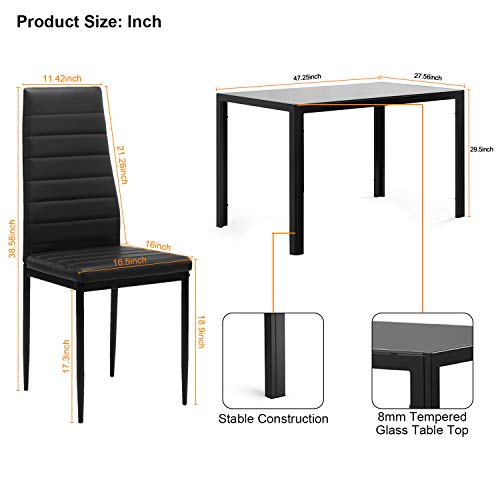 Henf 5-Piece Kitchen Dining Table Set W/Glass Tabletop, 4 PU Leather Chairs Glass Dining Set for Home Kitchen Dining Room Breakfast Furniture, Black