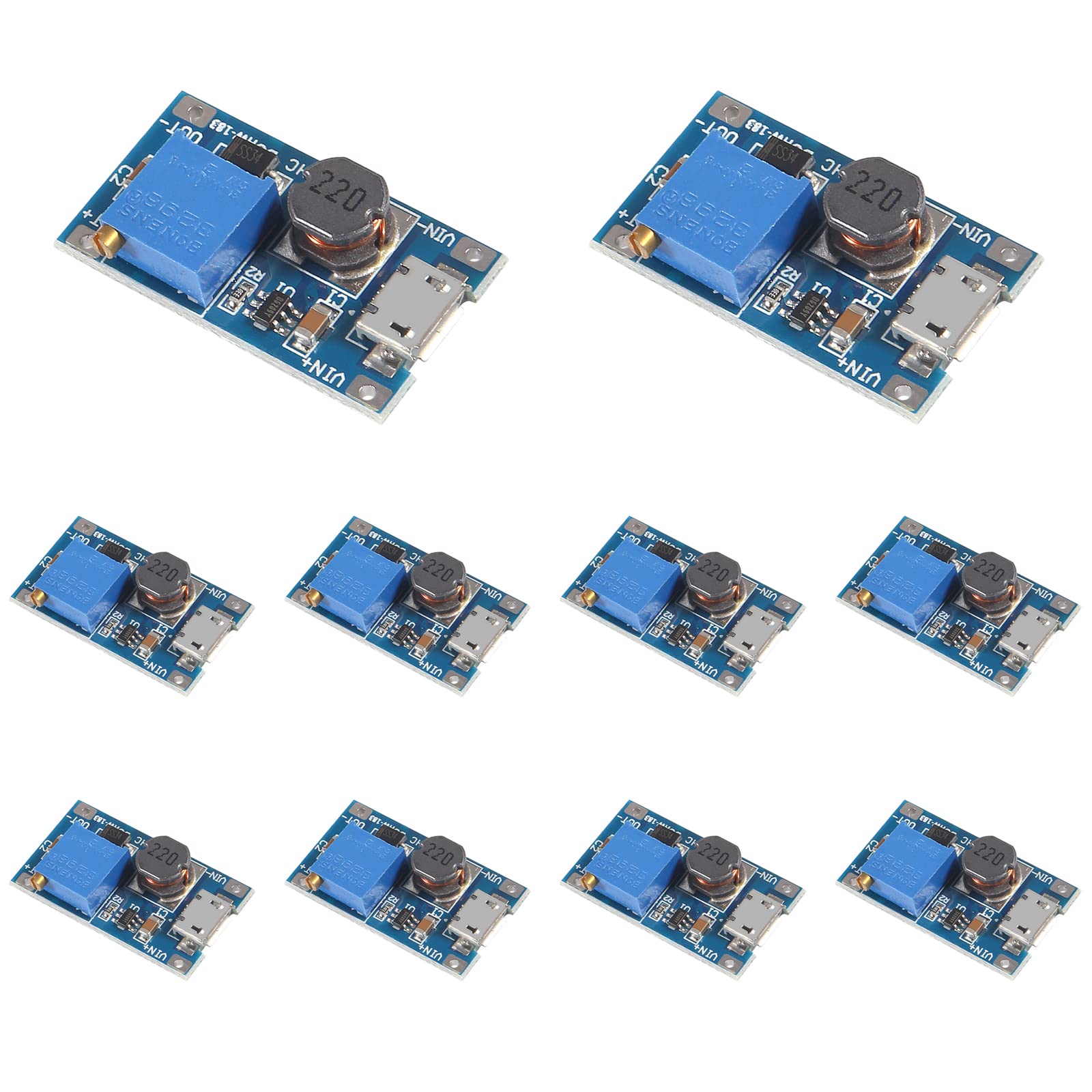 AEDIKO 10pcs MT3608 with Micro USB DC-DC Step Up Boost Module 2V-24V to 5V-28V 2A Output DC Voltage Regulator Adjustable Power Supply Board