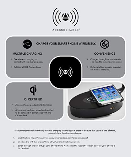 Adesso 3214-01 Windsor LED Desk Lamp Wireless Charging, 7W LED, 5W QI, USB Port, Indoor Lighting Lamps,Black