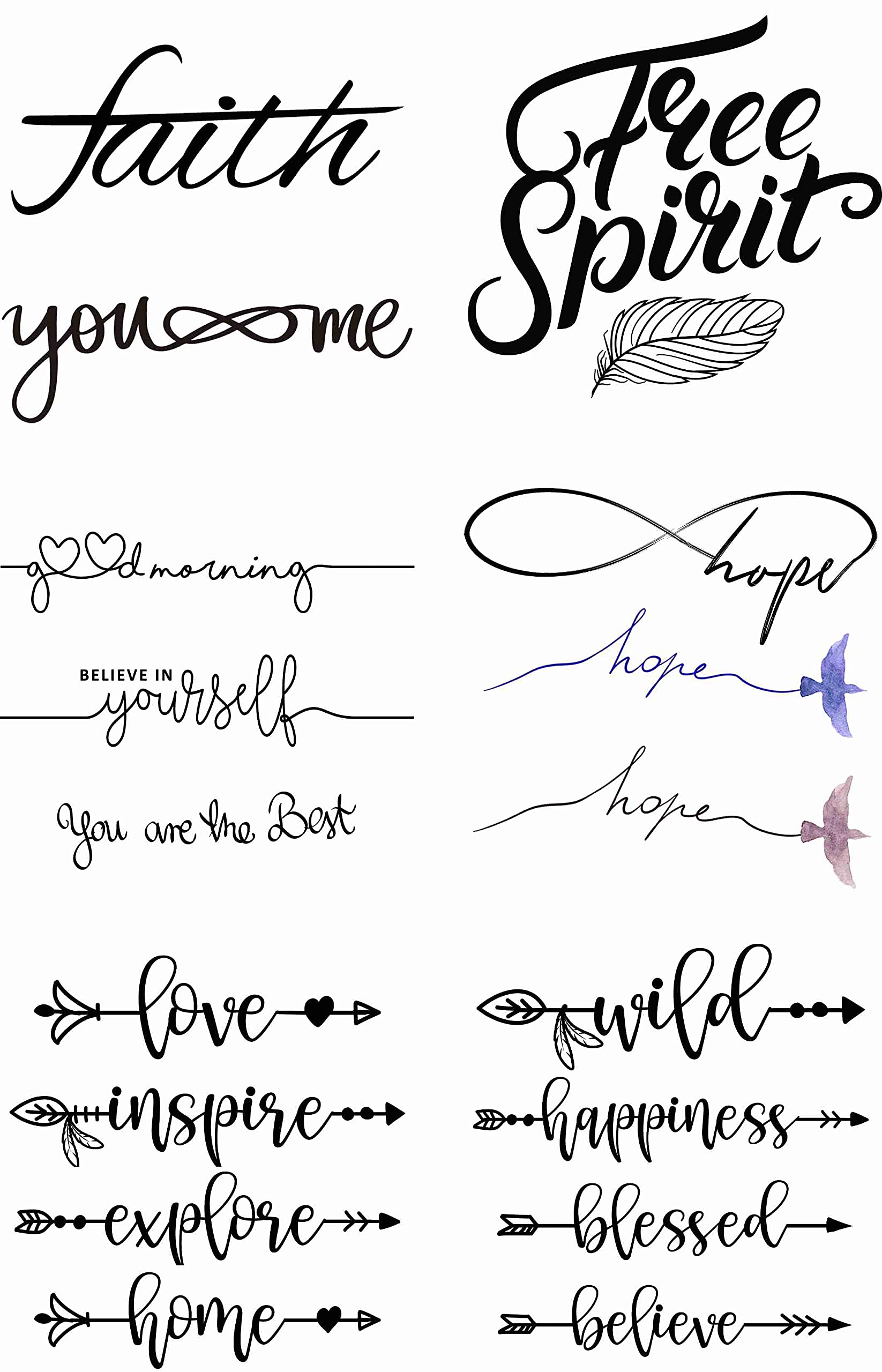 Dopetattoo 6 Sheets Temporary Tattoos Boho Arrows Watercolor Bird Feather Inspirational Word Calligraphy Phrase Quote Hand Temporary Tattoo Neck Arm Chest for Women Men Adults