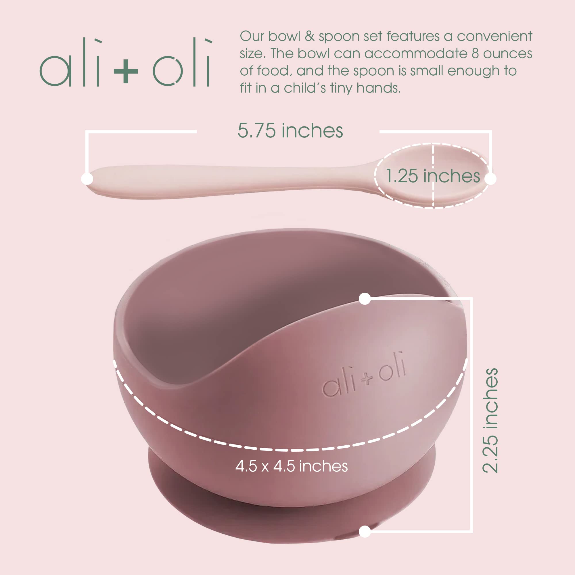 Ali+Oli Silicone Suction Bowl and Spoon Set (Blush, Original) - Unbreakable Suction Bowls for Baby 6 Months and Up, Self Feeding Baby Utensils, First Stage Baby Feeding Supplies