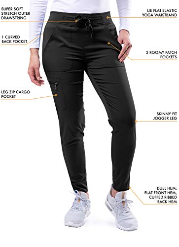 Adar Pro Modern Athletic Scrub Set for Women - Modern V-Neck Scrub Top & Yoga Jogger Scrub Pants - P9500 - Black - M