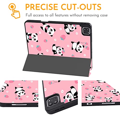Hepix iPad Pro 12.9 Case 6th Generation 2022 Panda 2021 2020 2018 5th 4th 3rd Gen Cace with Pencil Holder for Kids Cute Strawberry Pink Protective Case Cover Auto Sleep Wake for A2764 A2437 A2766