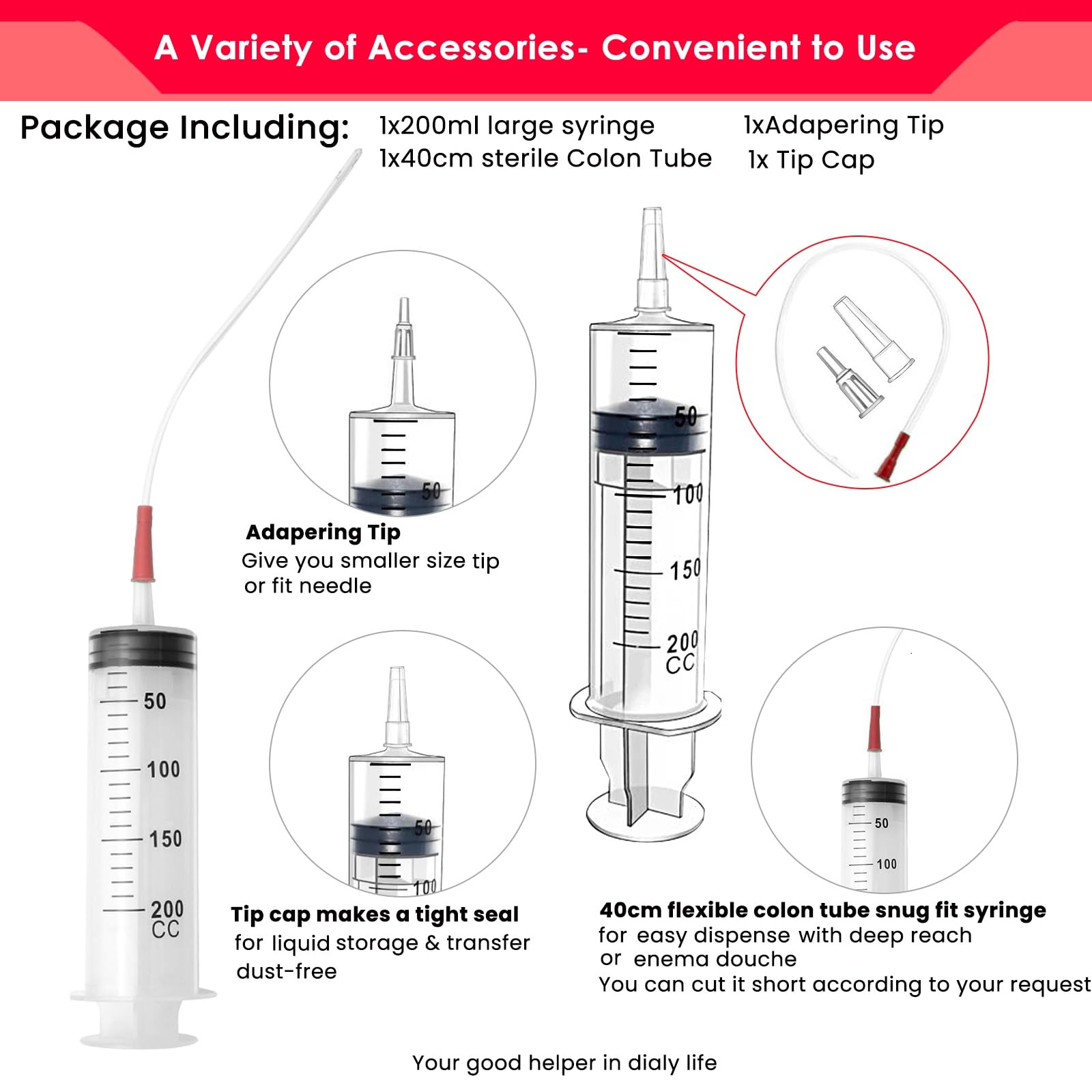 200ml Large Plastic Syringe with Tubing Tip Cap for Liquid Jello Shots Oral Lip Gloss Crafts Epoxy Feeder Pet Watering Party Enema Irrigator Measure Refill Oil Glue Applicator Dispenser without Needle