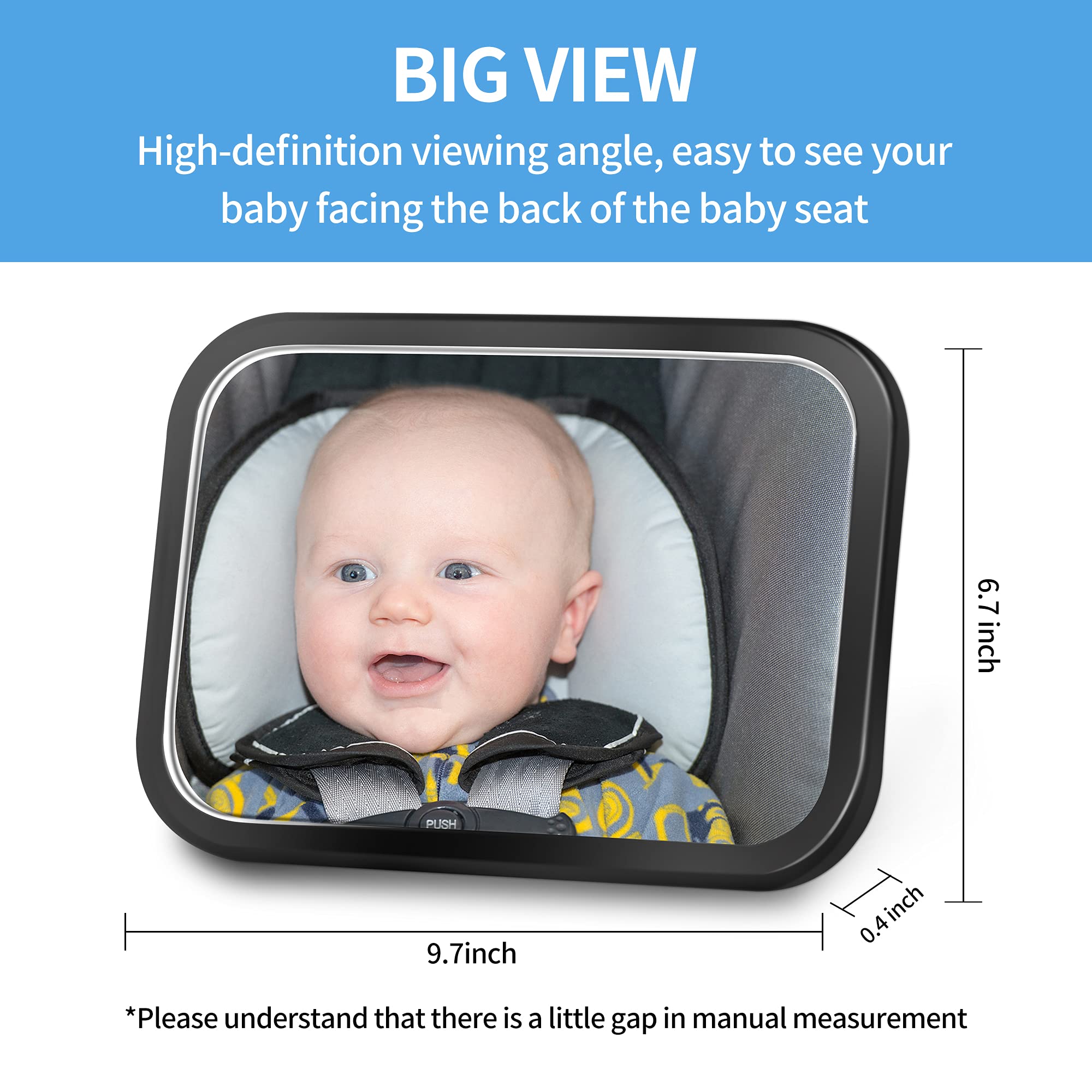 SZJHKJ Baby Car Mirror, Safety Car Seat Mirror for Infants, Wide Crystal Clear View, No Assembly Required, Adjustable, Crash Tested and Anti-Fall Double Seat Belt