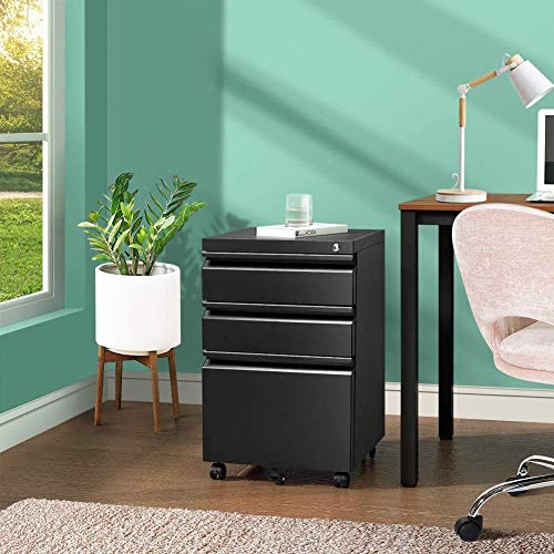 Black File Cabinet, 3 Drawer Mobile File Cabinet with Lock and Wheels, Under Desk Metal Filing Cabinet for Office,Lockable Rolling Cabinet with 2 Keys for Legal/Letter/A4 Size, Fully Assembled (A)