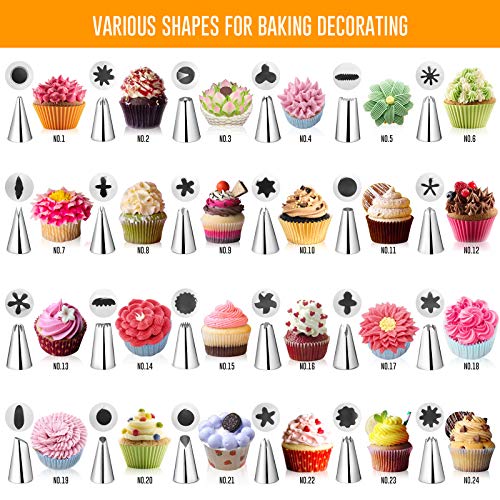 Kincown Piping Bags and Tips Set, 33pcs Frosting Piping Kit with 24 Stainless Steel Piping Tips, 2 Reusable Silicone Pastry Bags, 2 Couplers and 3 Icing Smoother, Piping Tips Set with Storage Case