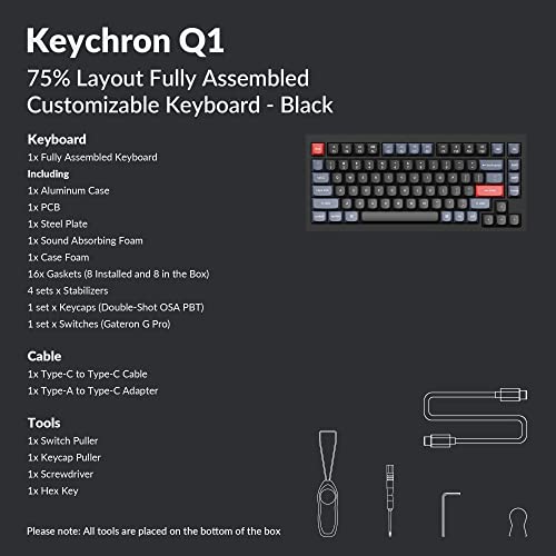 Keychron Q1 RGB Wired Custom Mechanical Keyboard, QMK/VIA Programmable Macro with 75% Layout Hot-swappable Gateron G Pro Blue Switch Double Gasket Compatible with Mac Windows Linux (Black) -Version 2