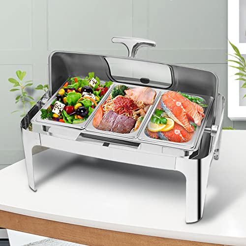 14 QT Chafing Dish Buffet Set,Stainless Steel Buffet Food Warmer Set with Viewing Lid & Roll Top,3 Pots Chafing Dishes Buffet Heating Tray for Parties and Catering