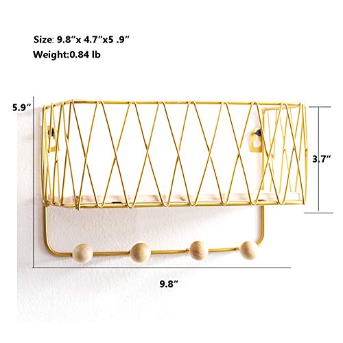 DoxiGlobal Wall Mount Mail Holder Entryway Storage Organizer with Shelf Wood Key Hooks Metal Mail Sorter Coat Rack Wire Mesh Storage Basket for Magazines Keys Wallets Leashes Plant (Gold, S-4 Hooks)