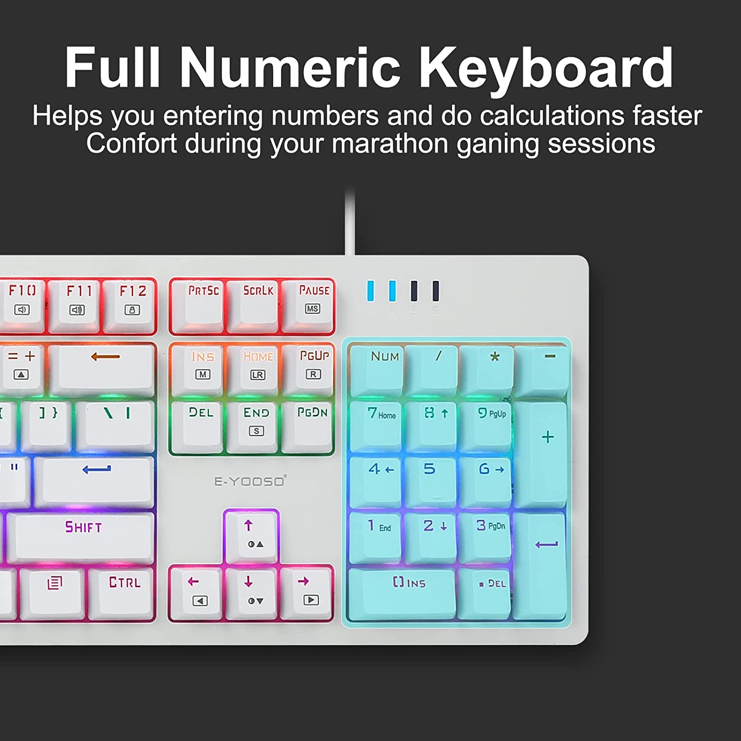Mechanical Gaming Keyboard, E-YOOSO K-682 Rainbow LED Backlit and RGB Side Light 104 Key, High-Speed USB Data Cable-Suitable for Games and Office