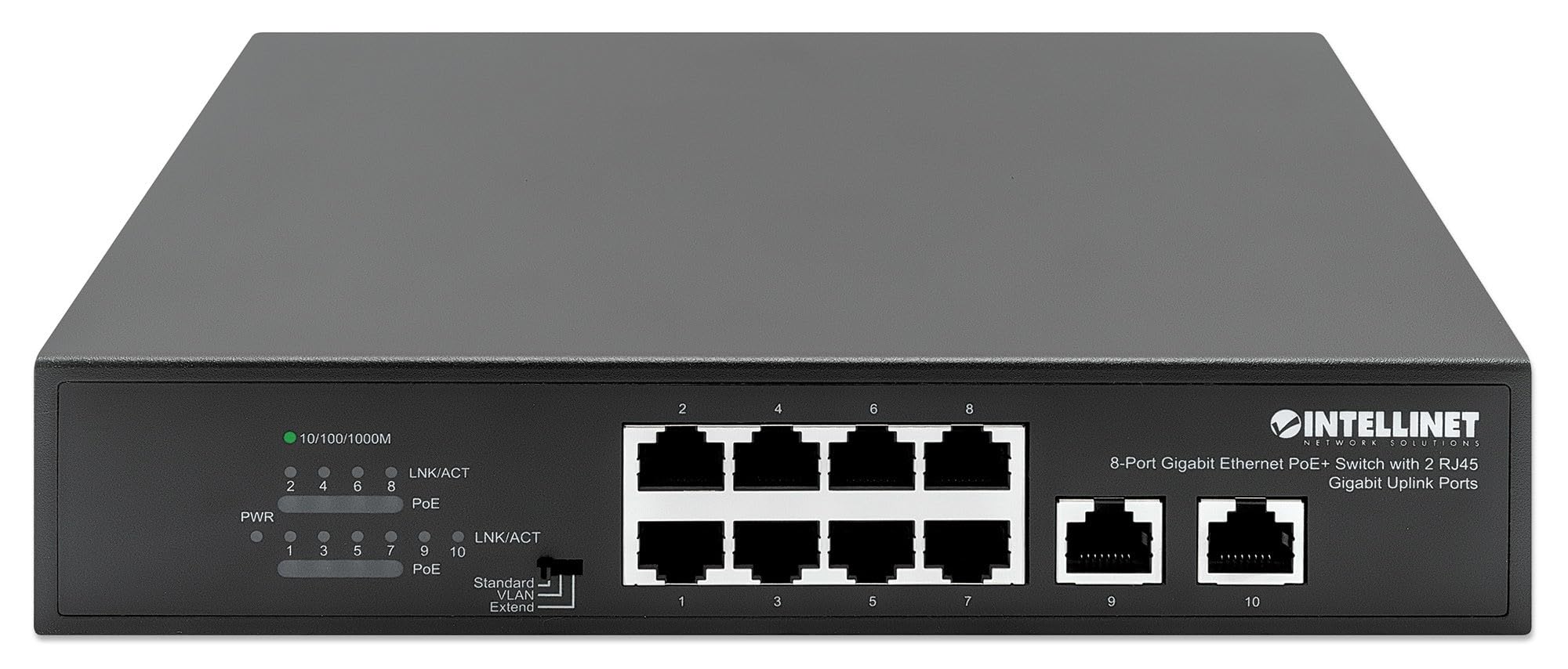 Intellinet 8-Port Gigabit Ethernet PoE+ Switch with 2 RJ45 Gigabit Uplink Ports,120W Power Budget, Manual VLAN Mode, Endspan, Self-Healing Network, Desktop - 3 Yr Mfg Warranty - 561402