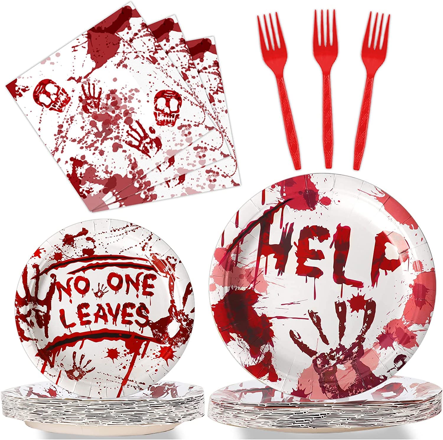 96 Pieces Bloody Good Time Party Tableware Set Halloween Zombie Skull Bloody Party Table Decorations Halloween Party Supplies Table Decorations Paper Plates Napkins Forks for 24 Guests